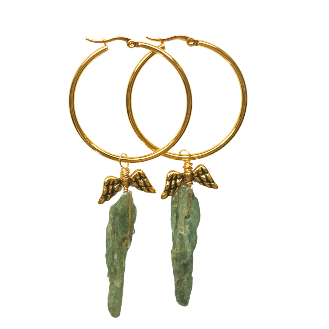 Green Kyanite Angel Wing Hoop Earrings – Divine Protection & Energetic ...